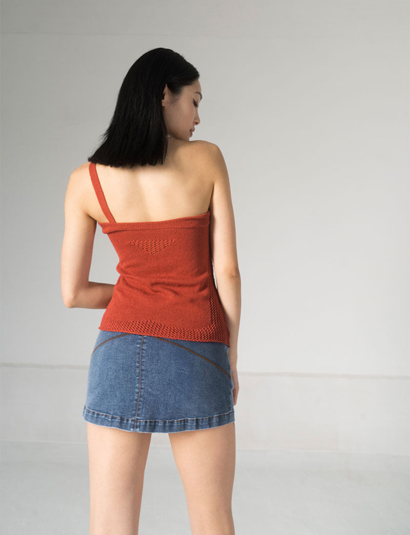CSFC Label Partial Fishnet Knit Tube Top (Red brick)